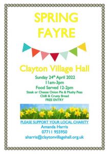 Spring Fayre 24th April 11am until 3-00pm - Clayton Village Hall